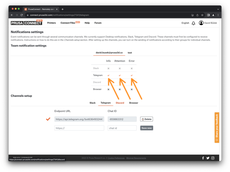 Prusa Connect - Configuration des notifications Telegram | Prusa Knowledge Base