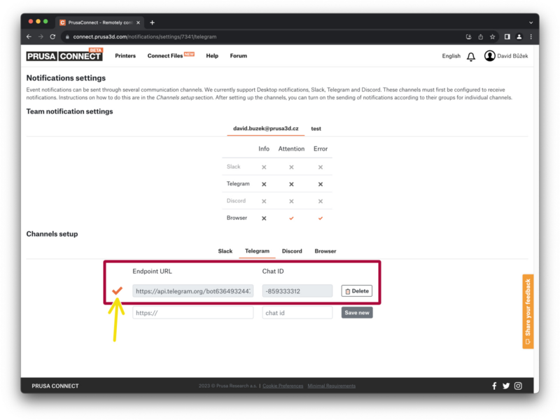 Prusa Connect - Telegram notifications setup | Prusa Knowledge Base