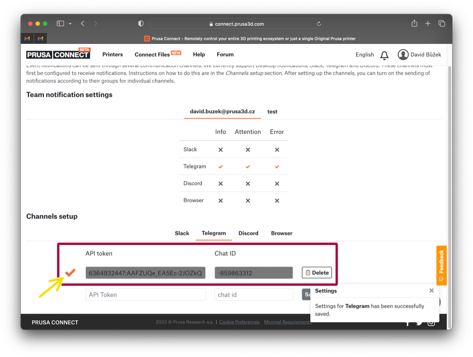 Prusa Connect - Telegram notifications setup | Prusa Knowledge Base